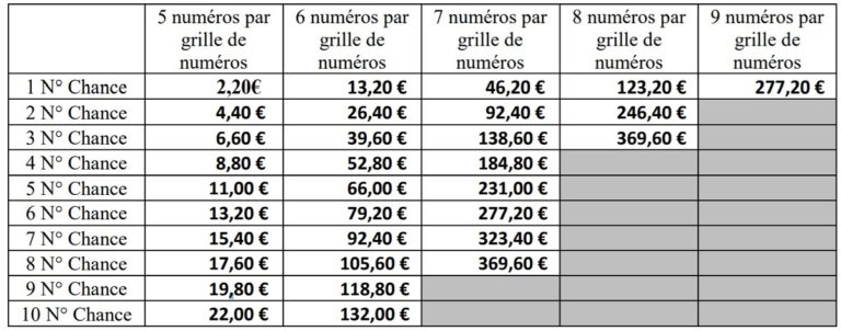 Loto FDJ : Prix des différentes grilles Loto en France
